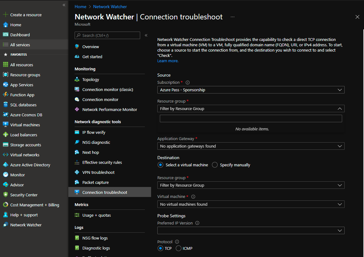 Network Watcher - Connection troubleshoot no resource group · Issue ...