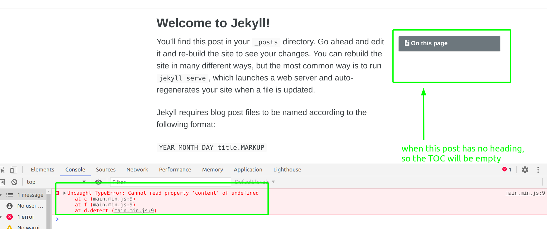 When a post has an empty table of content, it shows Uncaught TypeError: Cannot read property ...