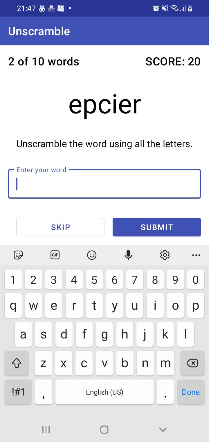 GitHub - ibnfarooq26/Unscamble_Words_Play: Play to unscramble words Using Android Studio and Kotlin.