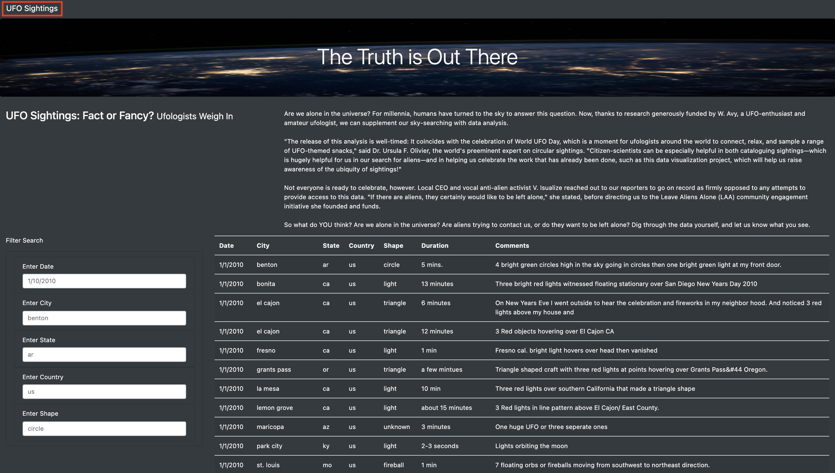 GitHub - elp192/Unidentified-Flying-Object: Created an interactive webpage using Javascript ...