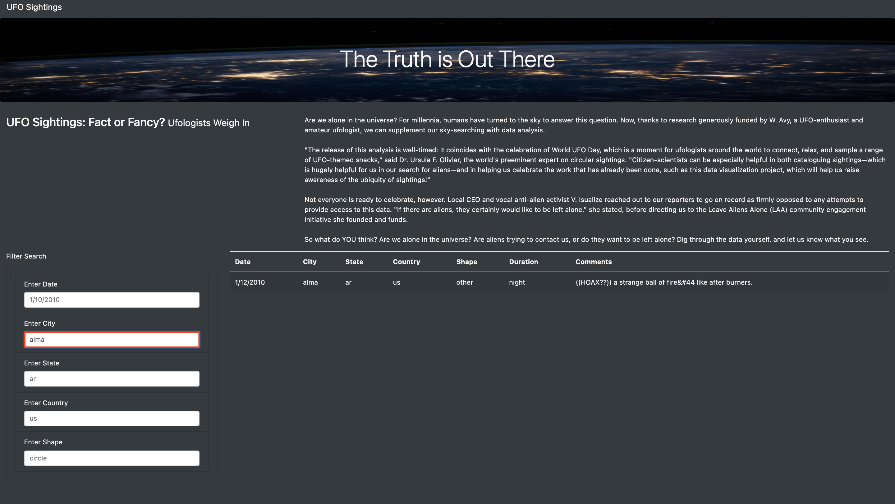 GitHub - elp192/Unidentified-Flying-Object: Created an interactive webpage using Javascript ...