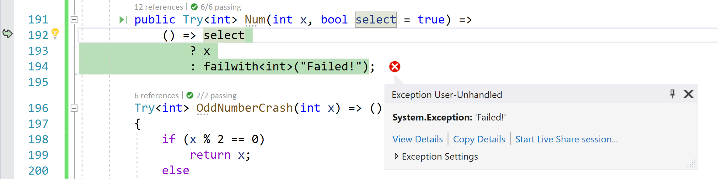 TryMonadTests.cs FAILS in debug mode (but works in release mode ...