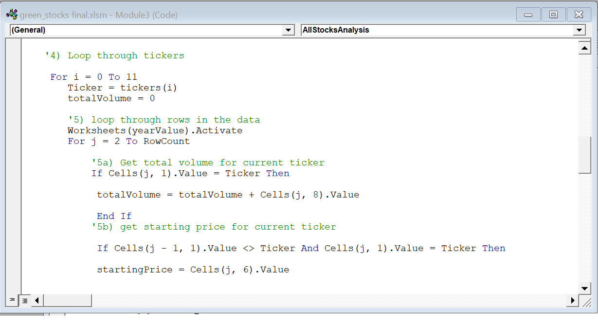 GitHub - AKumar1-lab/stocks-analysis: Performing analysis on Green Stocks using VBA - Module 2