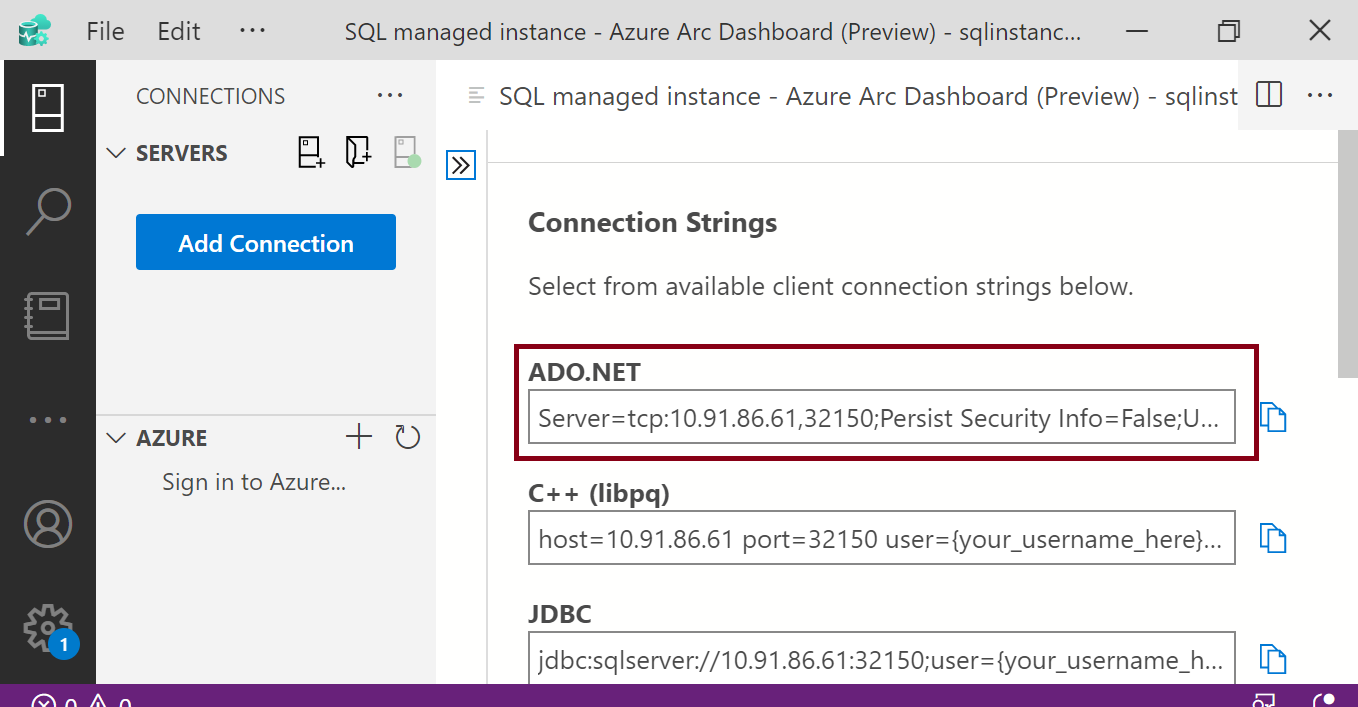 A11y_AzureDataStudioAAE_Sql Instance 1_Connection Strings_Zoom: Data of the "ADO.NET" edit field ...