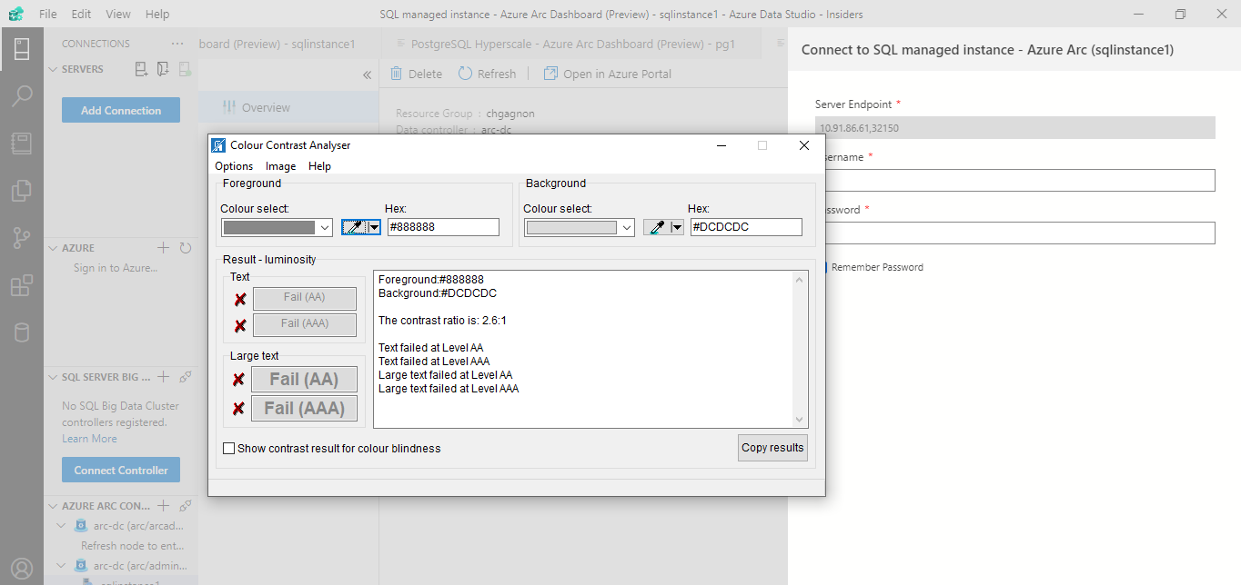 A11y_AzureDataStudioAAE_Sql Instance 1_Connect to Server_ColorContrast: The color contrast ratio ...