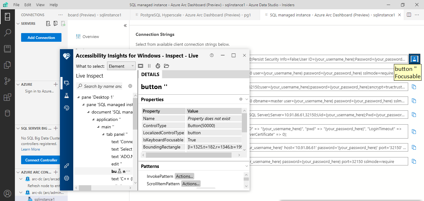 A11y_AzureDataStudioAAE_Sql Instance 1_Connection Strings_DeveloperTool: No name property is ...