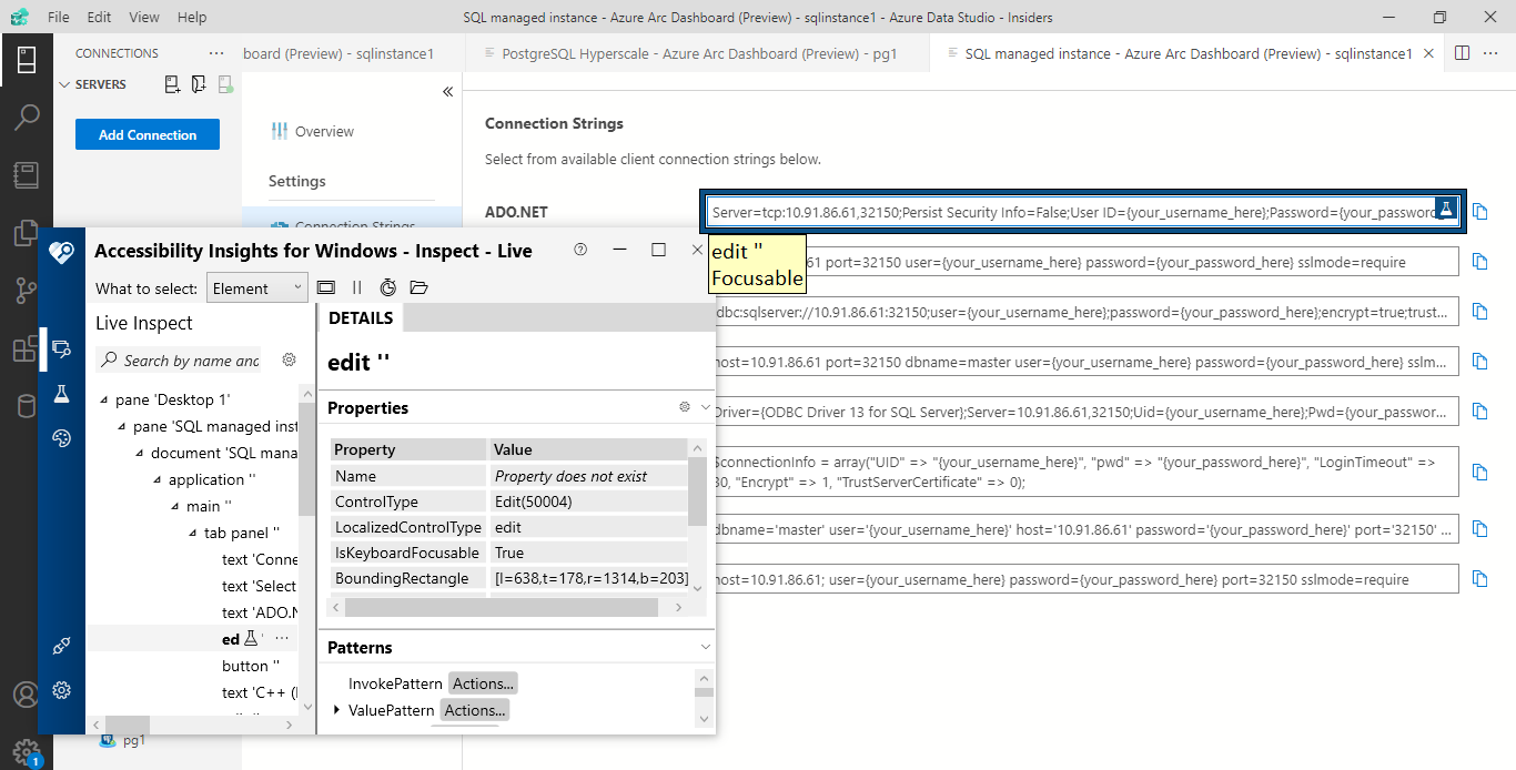 A11y_AzureDataStudioAAE_Sql Instance 1_Connection Strings_DeveloperTool: No name property is ...