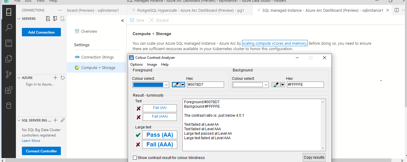 A11y_AzureDataStudioAAE_Sql Instance 1_Compute + Storage_ColorContrast: Color contrast ratio of ...