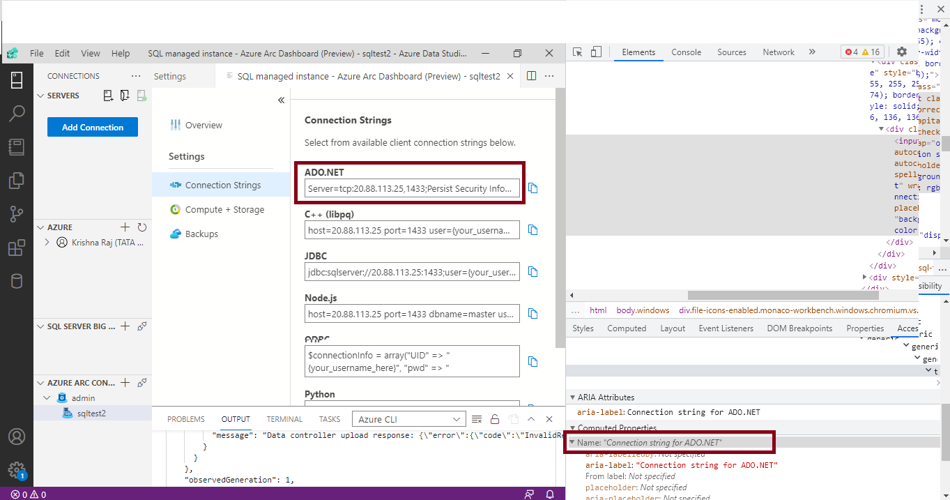 A11y_AzureDataStudioAAE_Sql Instance 1_Connection Strings_DeveloperTool: No name property is ...