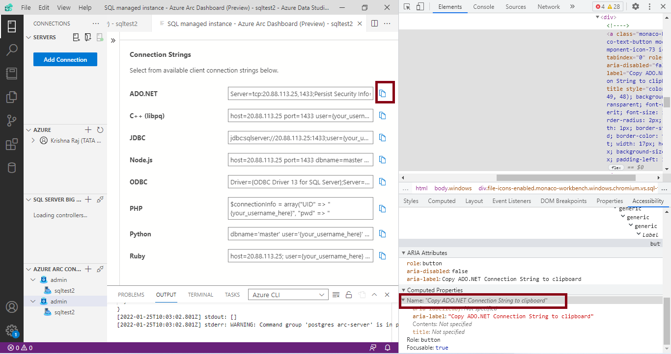 A11y_AzureDataStudioAAE_Sql Instance 1_Connection Strings_DeveloperTool: No name property is ...