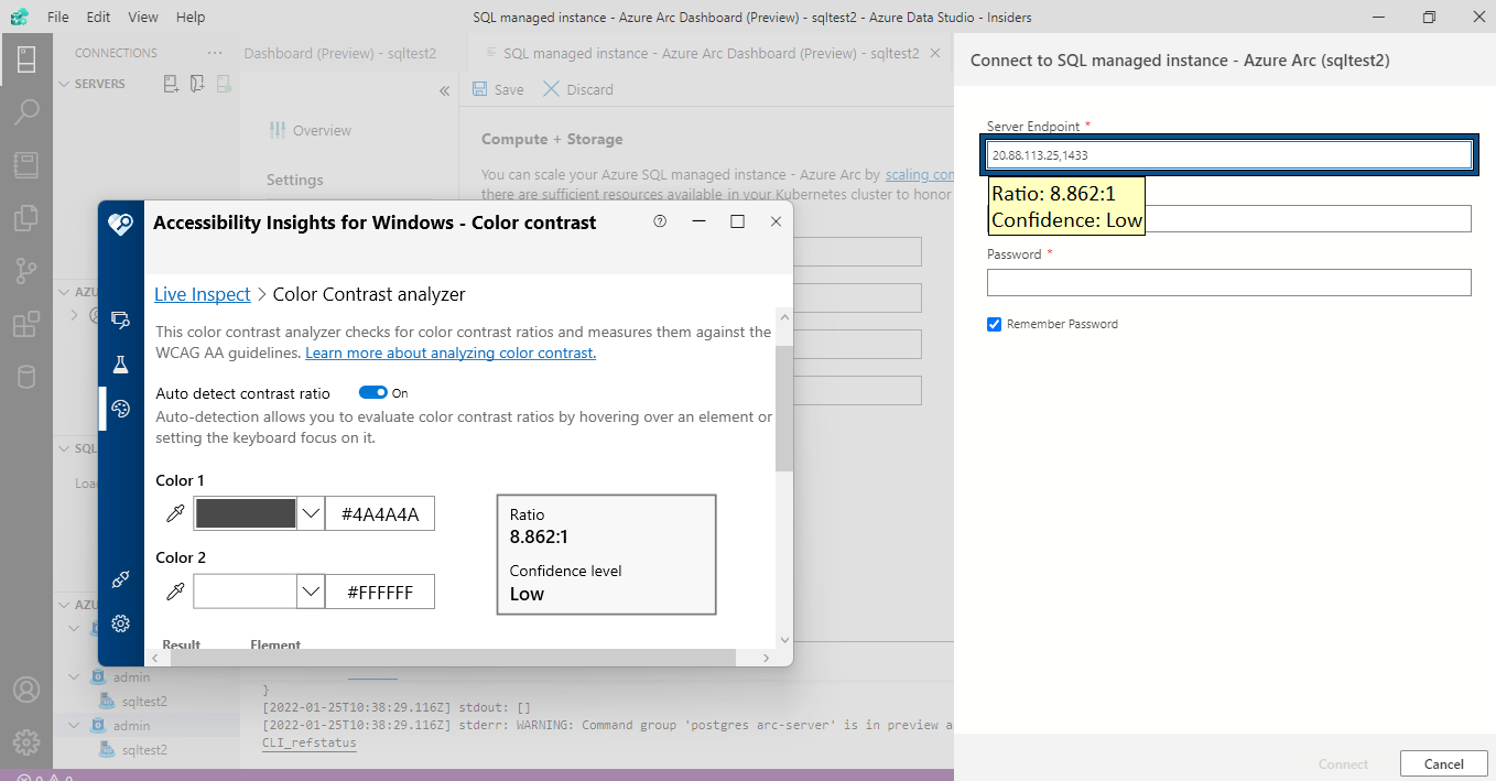 A11y_AzureDataStudioAAE_Sql Instance 1_Connect to Server_ColorContrast: The color contrast ratio ...