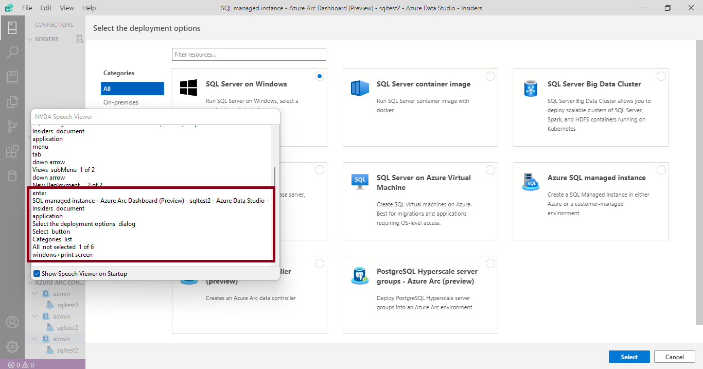 A11y_AzureDataStudioAAE_New Instance_Select the deployment options_ScreenReader: Screenreader ...