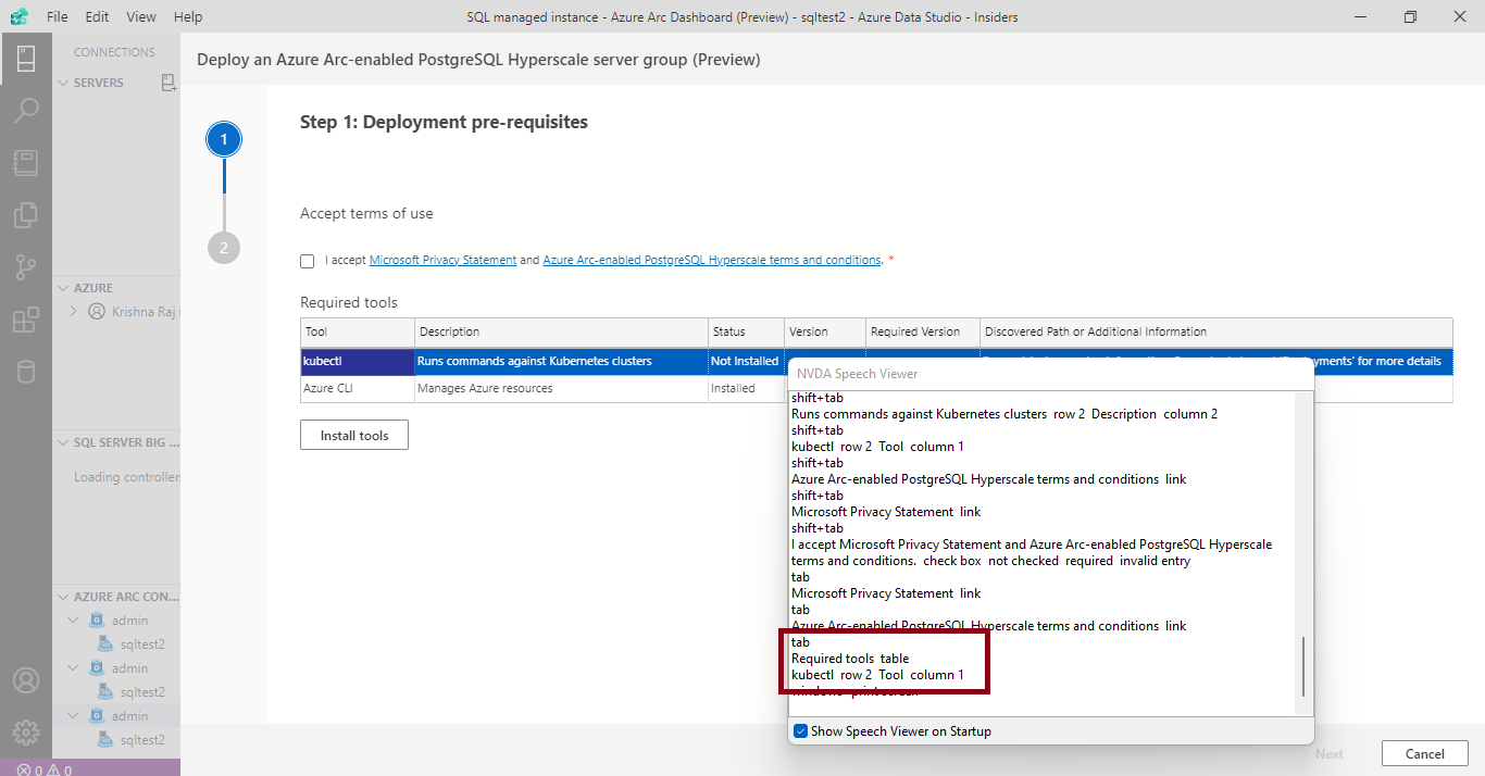 A11y_AzureDataStudioAAE_PostgreSQl Hyperscale server groups_Deployment Prerequisite_ScreenReader ...