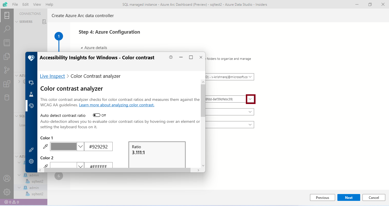 A11y_AzureDataStudioAAE_Azure ADC(Preview)_Azure Configuration_ColorContrast: Color contrast ...