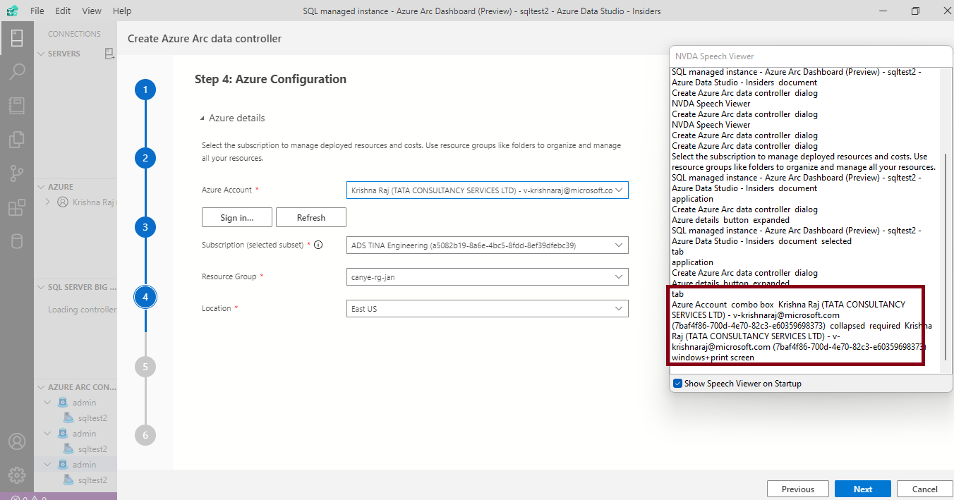 A11y_AzureDataStudioAAE_Azure ADC(Preview)_Azure Configuration_ScreenReader: Screenreader is not ...