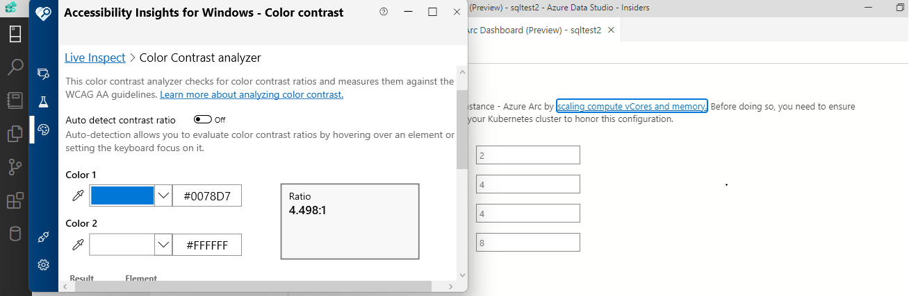 A11y_AzureDataStudioAAE_Sql Instance 1_Compute + Storage_ColorContrast: Color contrast ratio of ...