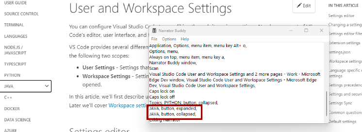 A11y_Visual Studio Code Services_Docs_Left Right Navigation_Screenreader : Narrator doesn't ...