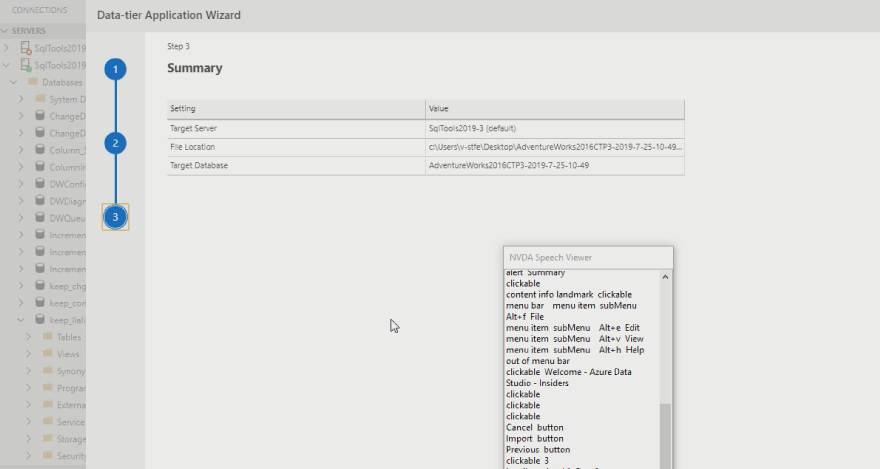 A11y_SQLAzureDataStudio_ImportBacpac_Summary Screen_ScreenReader: Alert is announced when ...