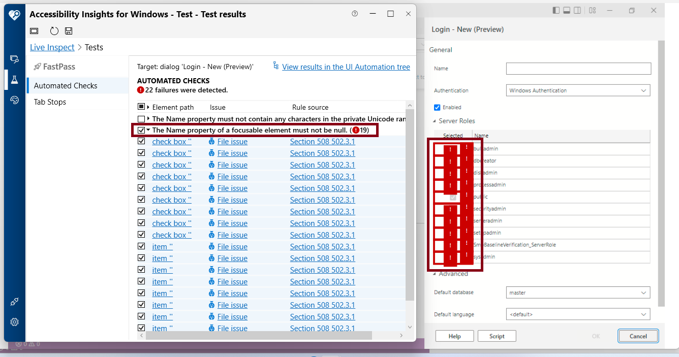 A11y_User Management feature for Azure Data Studio_Login_LoginNew_AI4D:The Name property of a ...