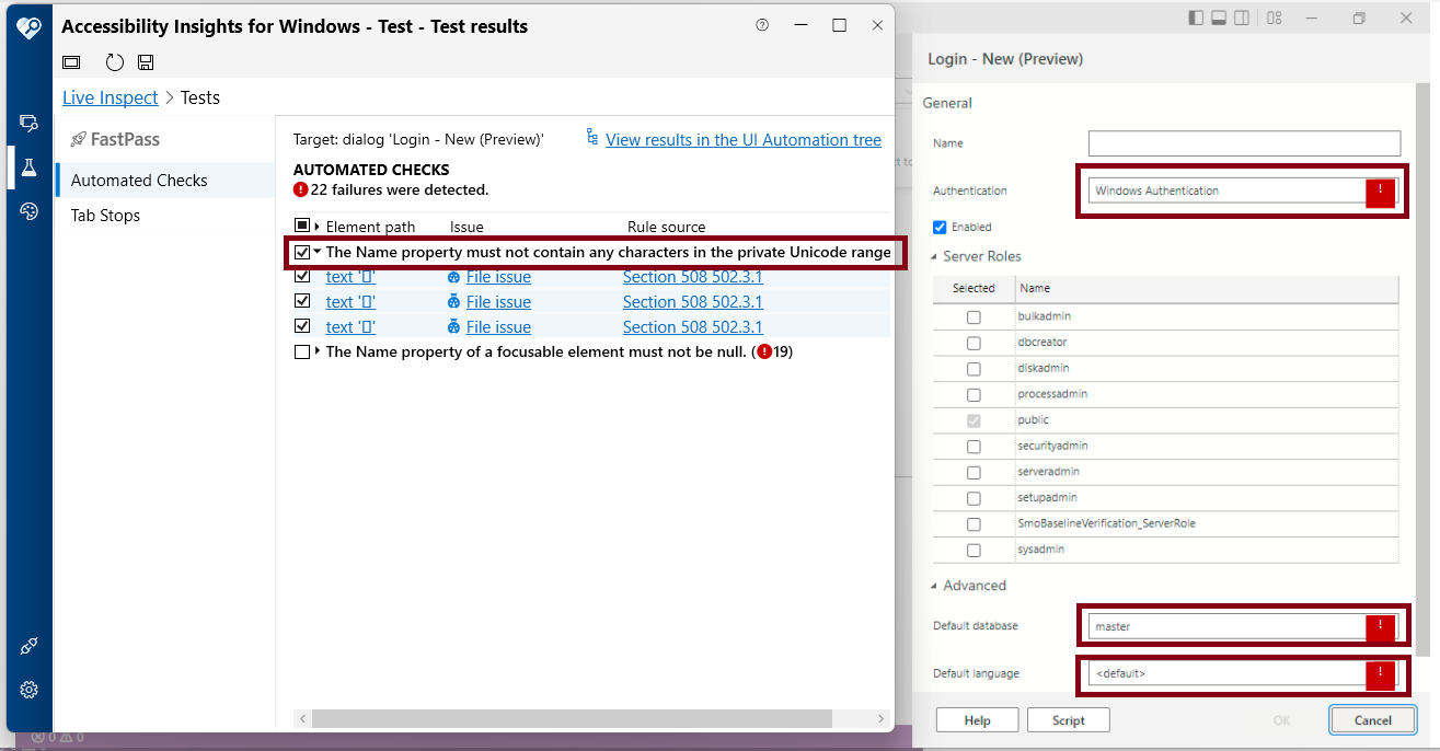 A11y_User Management feature for Azure Data Studio_Login_LoginNew_AI4D:The Name property must ...