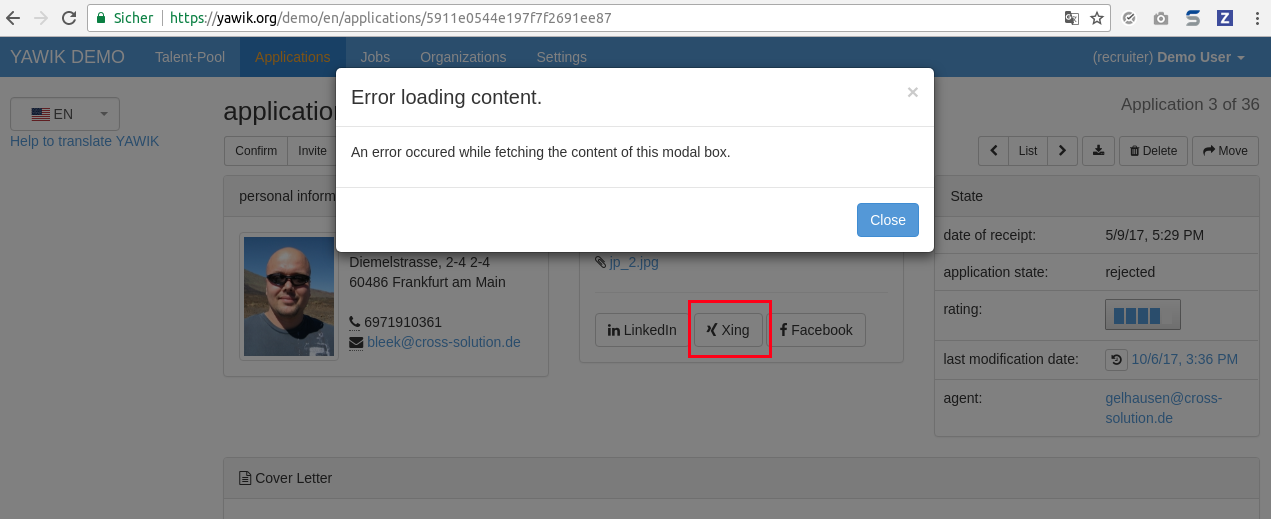 Xing Profiles cannot be attached. Or attached profiles cannot be opend ...