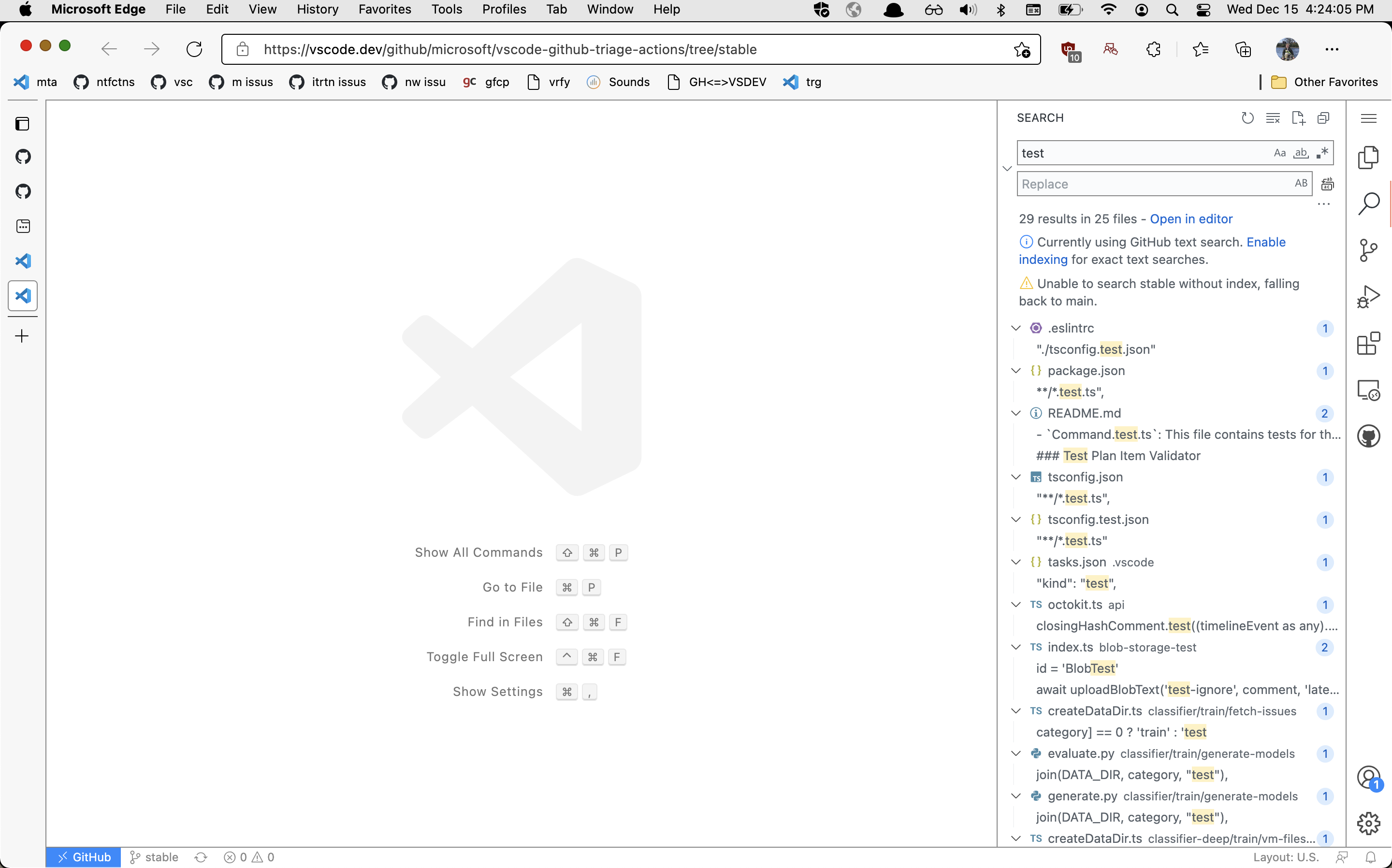 Searching in the left pane of vscode.dev does not work for non-main/non ...