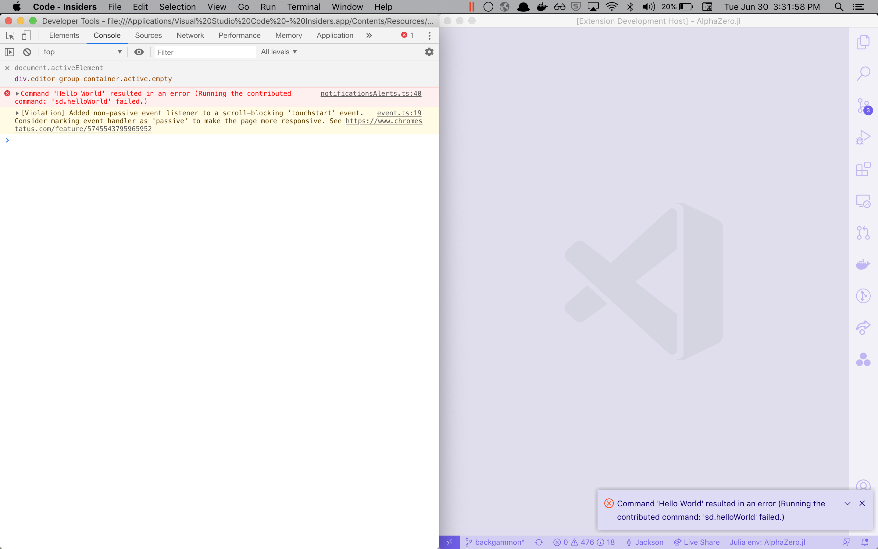Show Error Messages In Contributed Commands Somewhere Discoverable