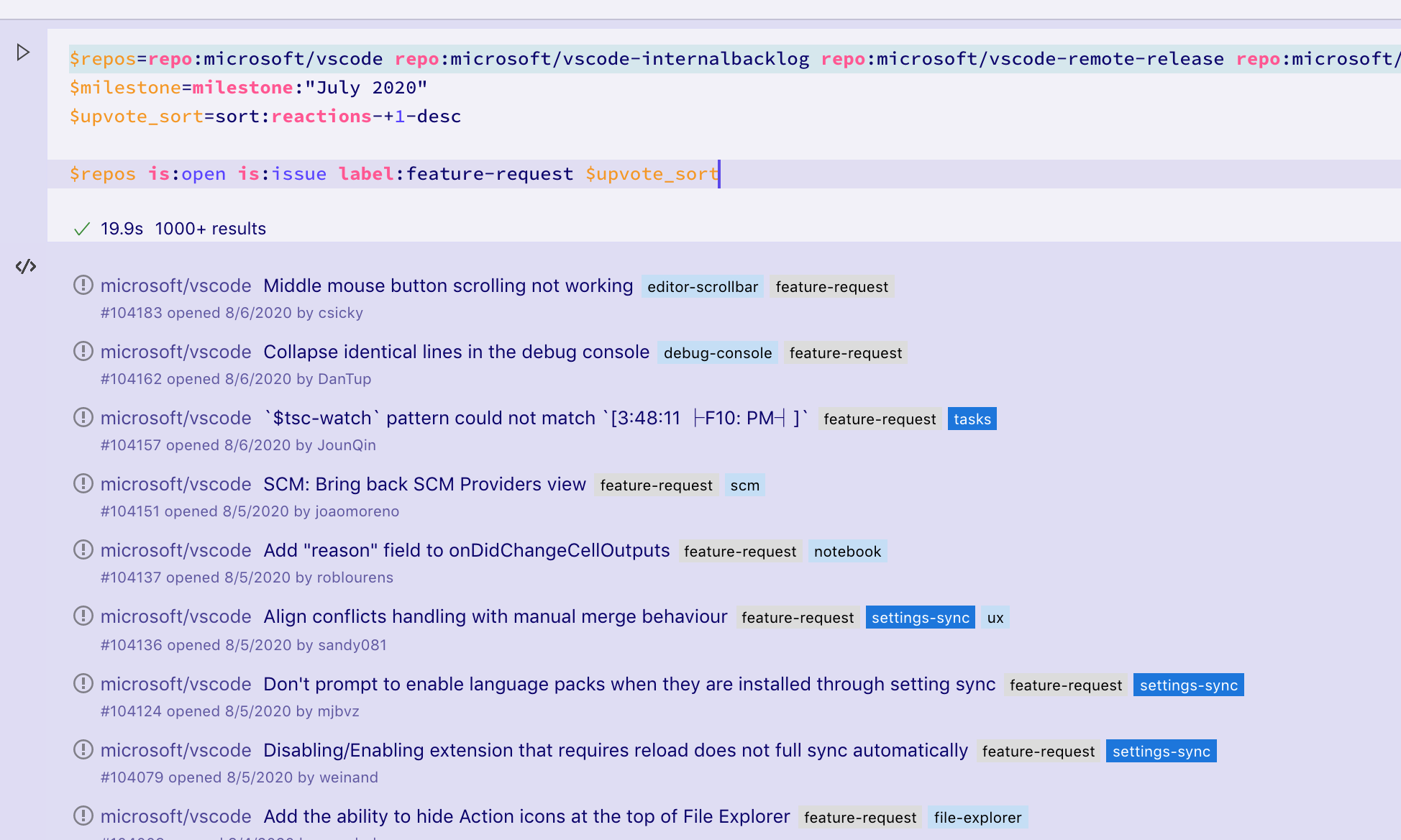Can't assign `sort:reactions-+1-desc` to a variable · Issue #54 · microsoft/vscode-github-issue ...