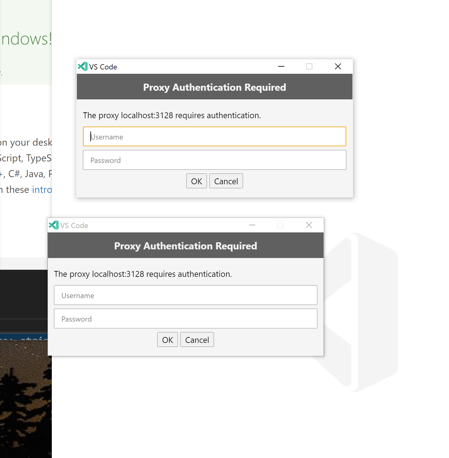 Proxy authentication dialog cuts confirmation buttons · Issue #83899 · microsoft/vscode · GitHub
