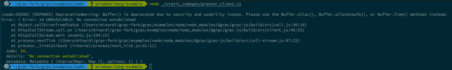 grpc-js: hang when no server available on Windows · Issue #1228 · grpc/grpc-node · GitHub
