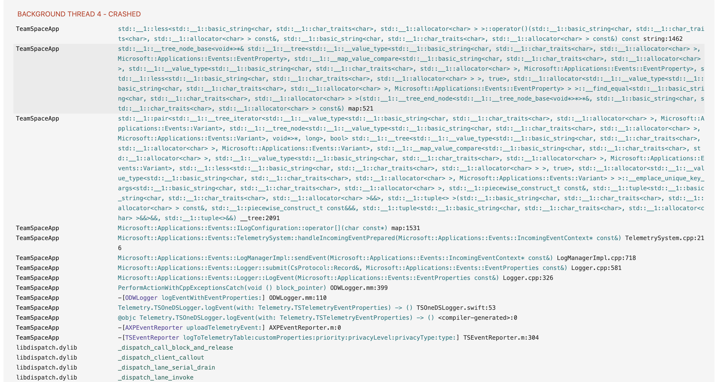 Crash in Microsoft::Applications::Events::TelemetrySystem::handleIncomingEventPrepared? · Issue ...