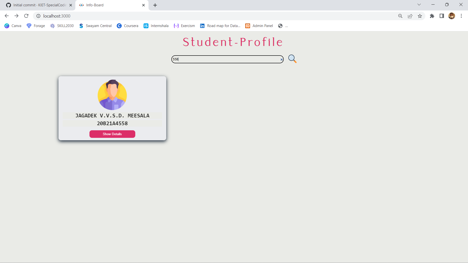 GitHub - jagadekmeesala/StudentsProfile-SCB: This a website which is deployed locally. We have ...