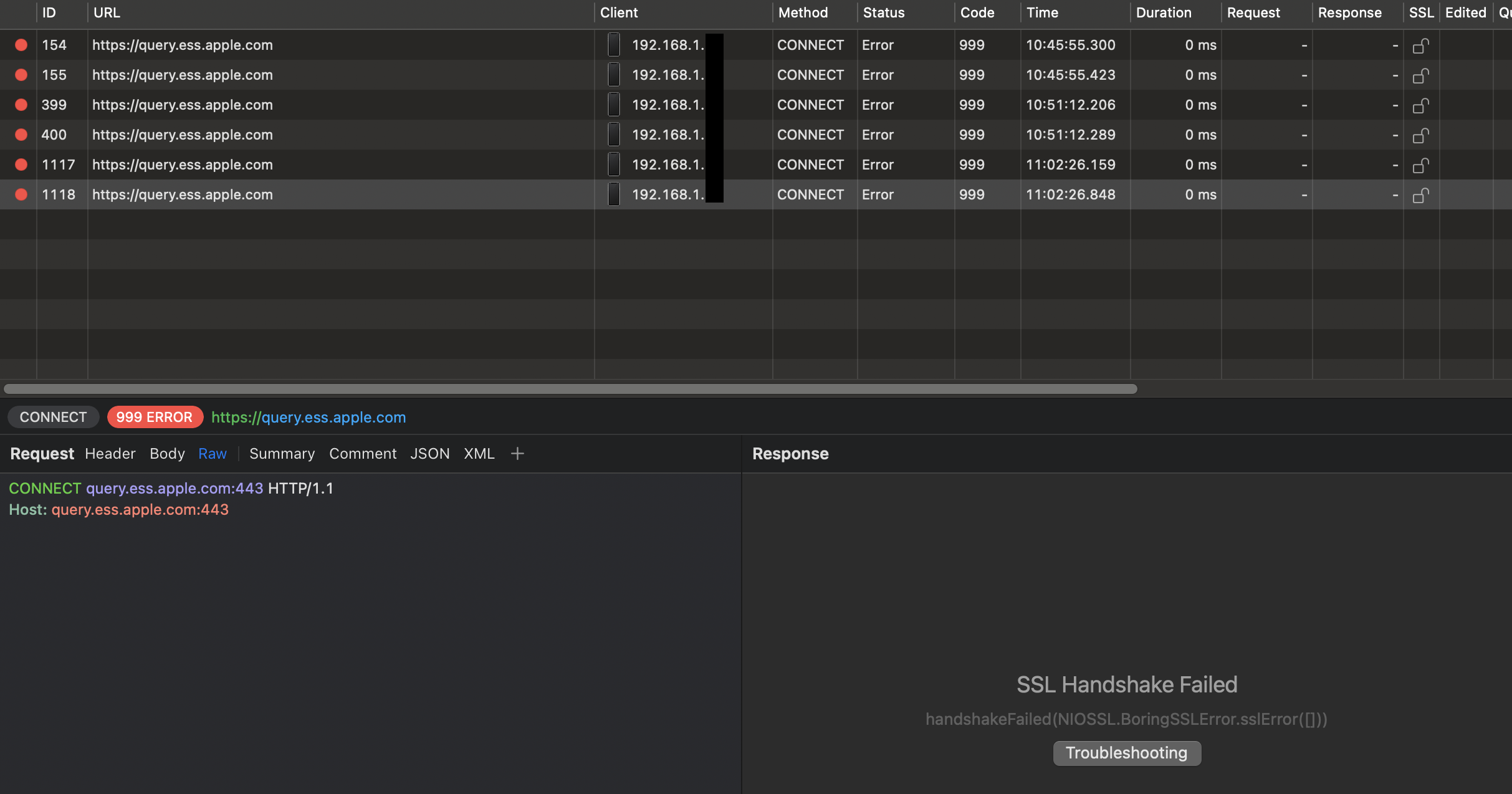 handshakeFailed(NIOSSL.BoringSSLError.sslError([])) · Issue #1021 · ProxymanApp/Proxyman · GitHub