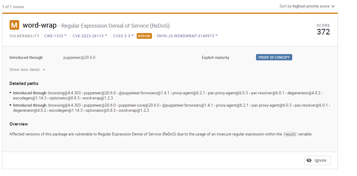 Bug Snyk Scan Reports Word Wrap Regular Expression Denial Of