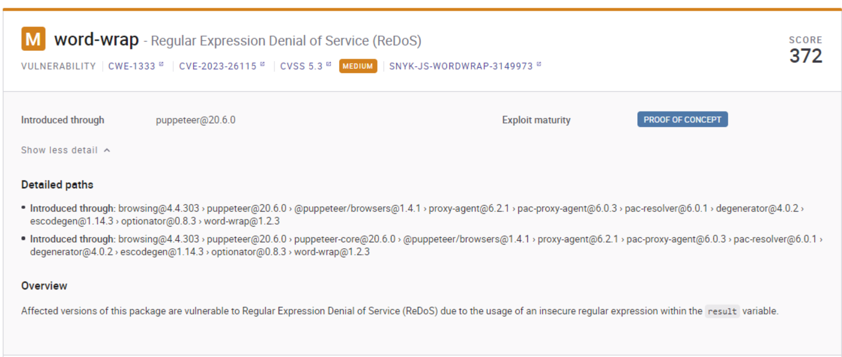 [Bug]: Snyk scan reports "word-wrap Regular Expression Denial of Service (ReDoS) " · Issue #36 ...
