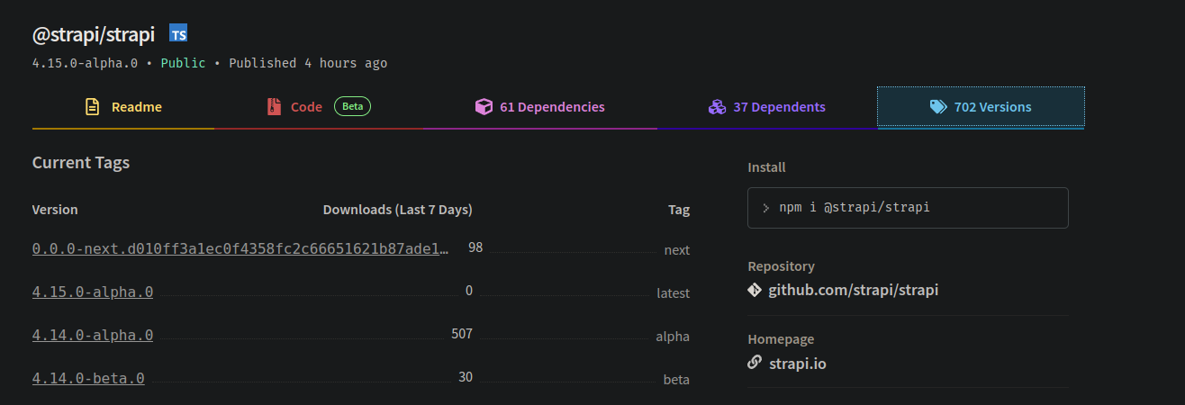 Creating new project fails due to alpha version · Issue #18247 · strapi/strapi · GitHub