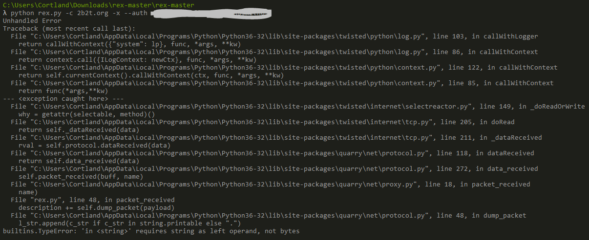 TypeError when using -X switch · Issue #8 · barneygale/rex · GitHub