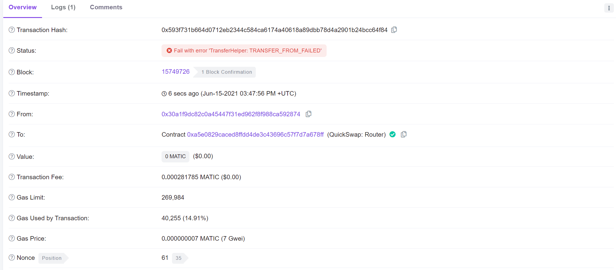 Selling a token on MATIC Quickswap results in "Fail with error 'Quick::approve: amount exceeds ...