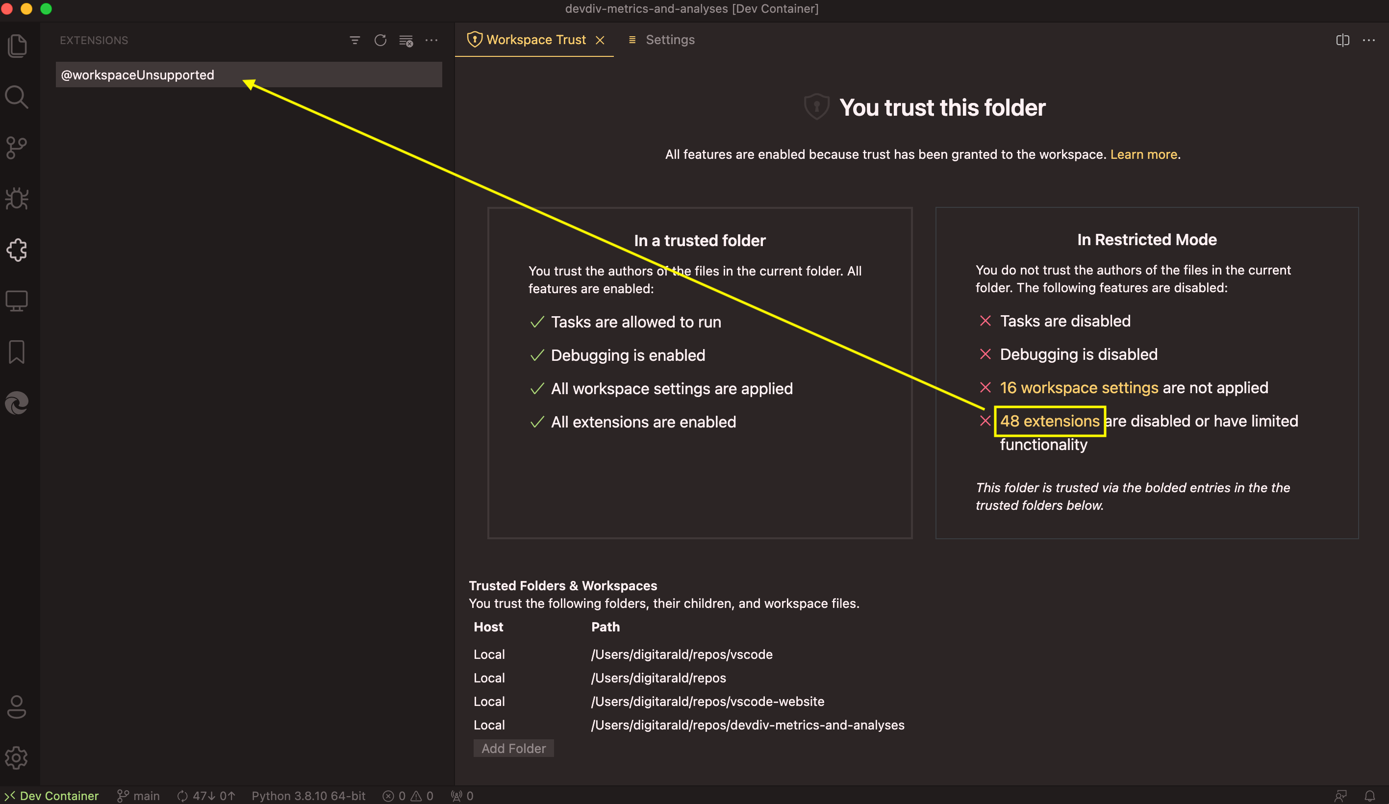 Investigate making current status (selected box in workspace trust ...
