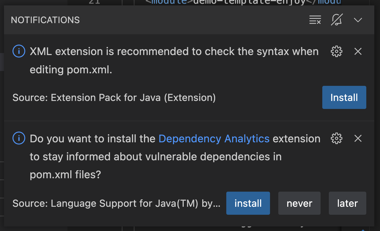Extension pack causes too many notifications when opening pom.xml · Issue #1093 · microsoft ...