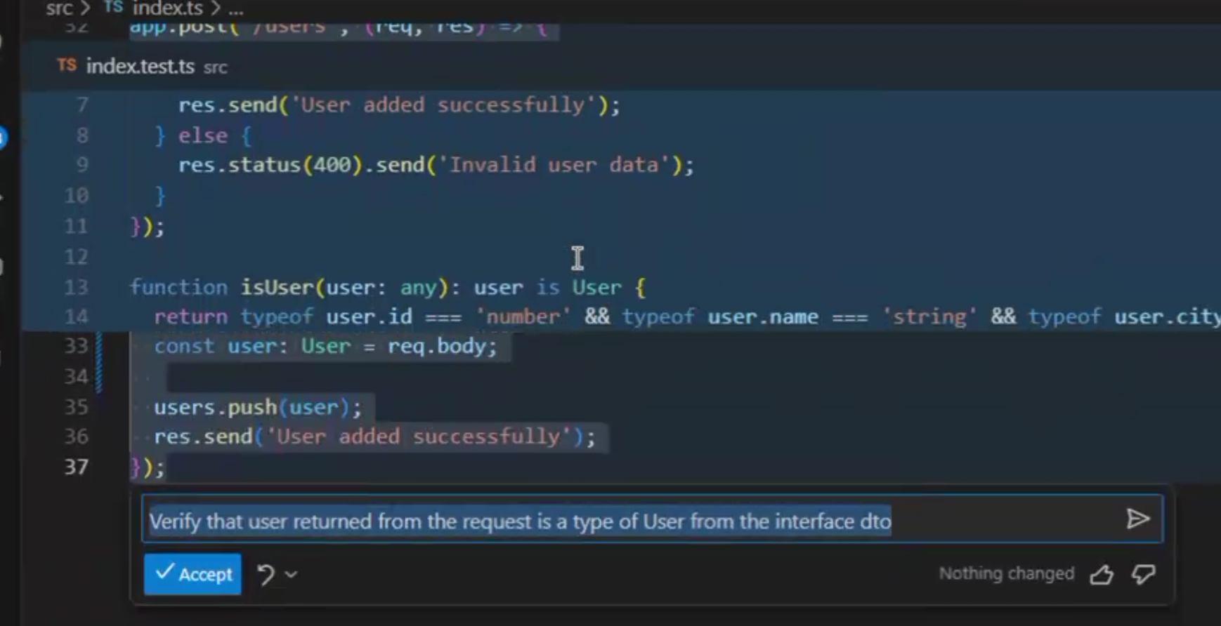 Inline chat keeps proposing to put simple code changes into new test ...
