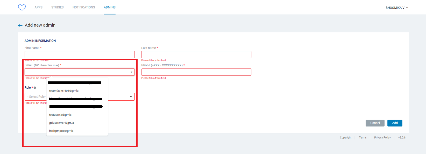 [IDP] [SB] [PM] Add admin > Email dropdown > Alignment issue with respect to 'Email text field ...
