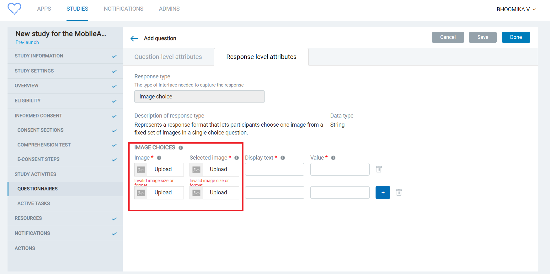 [SB] Questionnaires > Form step > Image choice > Getting an error message when added images in ...
