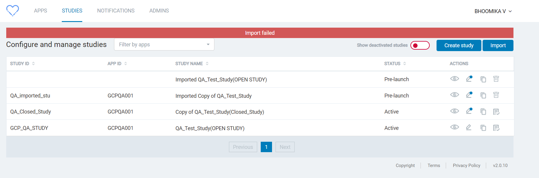 [SB] [QA] Getting 'Failure' error message when importing the study in ...