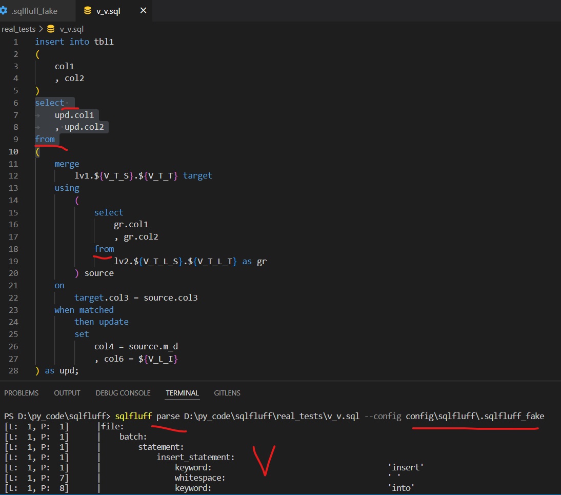 L001 Leaves Weird Indentation For Sql Code Containing Merge And