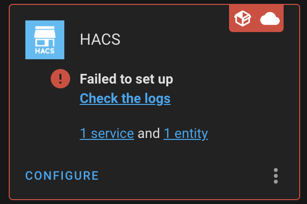 The HACS card indicates that it failed to set up in the Integrations ...