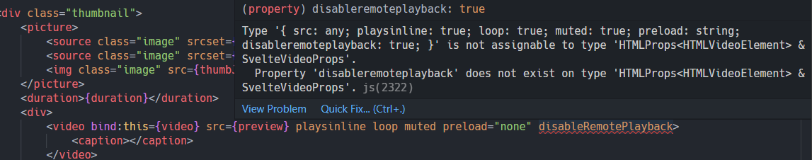 Missing video element attribute "disableRemotePlayback" · Issue #7369 · sveltejs/svelte · GitHub