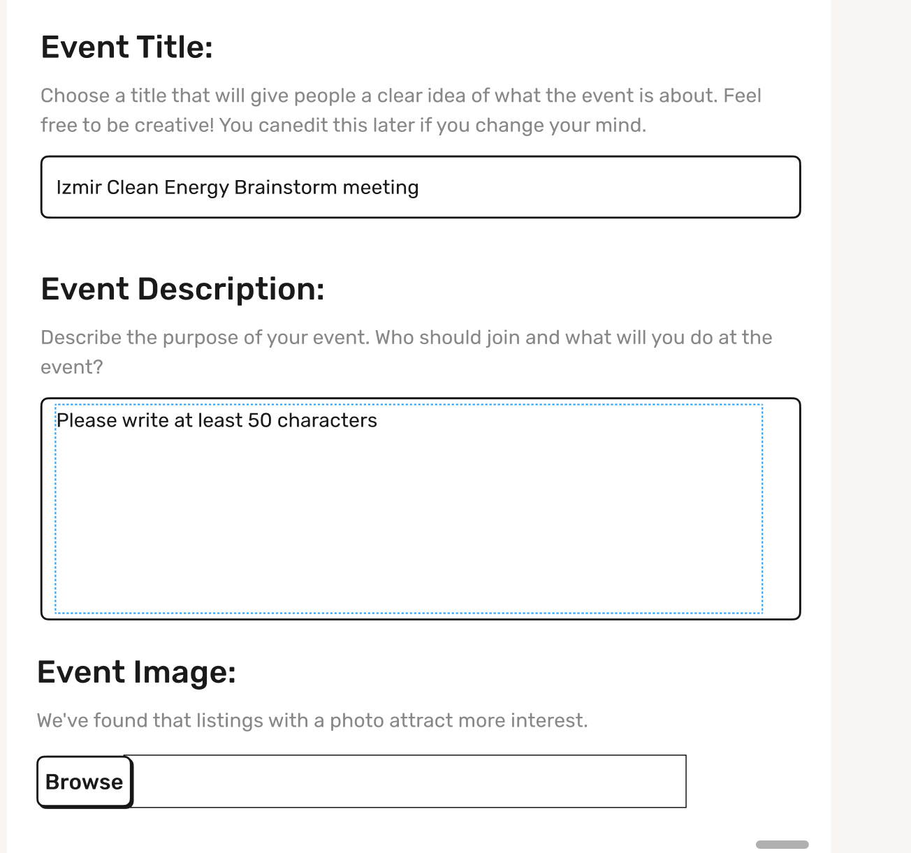 Creation page: Event title + Description + Image + "agree to terms" section · Issue #40 ...