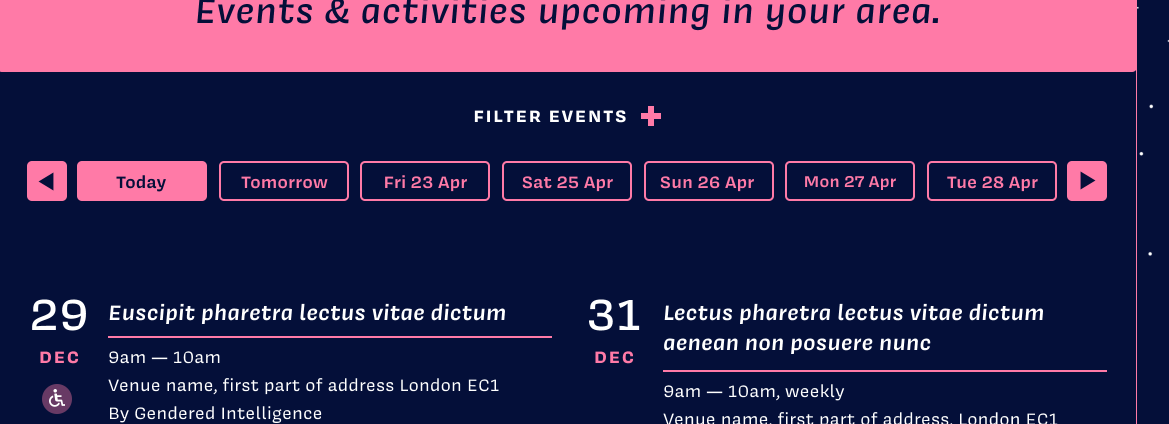Events Page: Filter events · Issue #169 · geeksforsocialchange/the-trans-dimension · GitHub