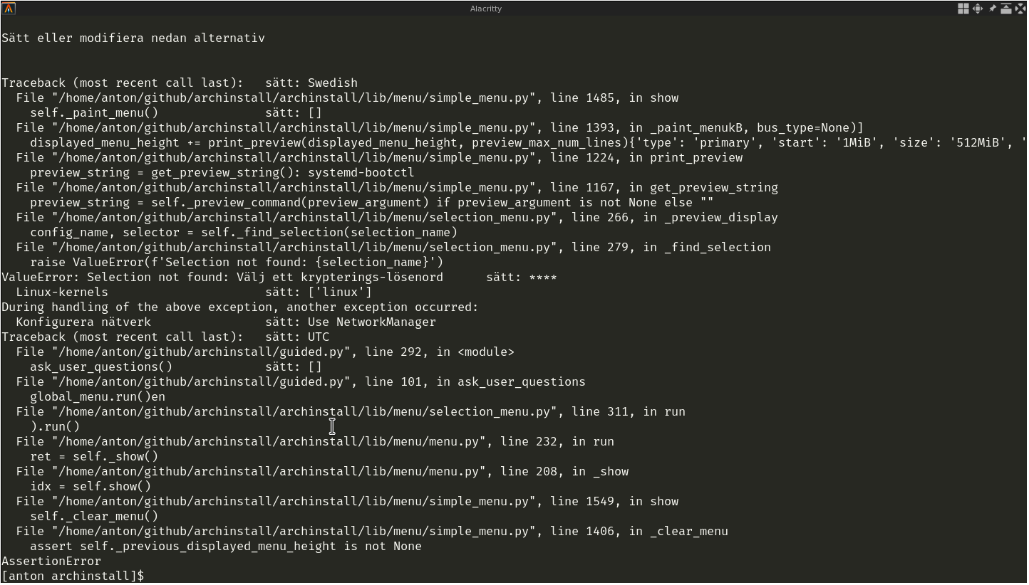 Swedish language causes menu system to break · Issue #1203 · archlinux/archinstall · GitHub